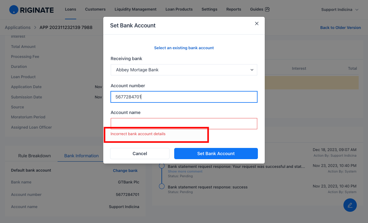 Error: Incorrect Bank Account Details (Set Application Bank Account ...